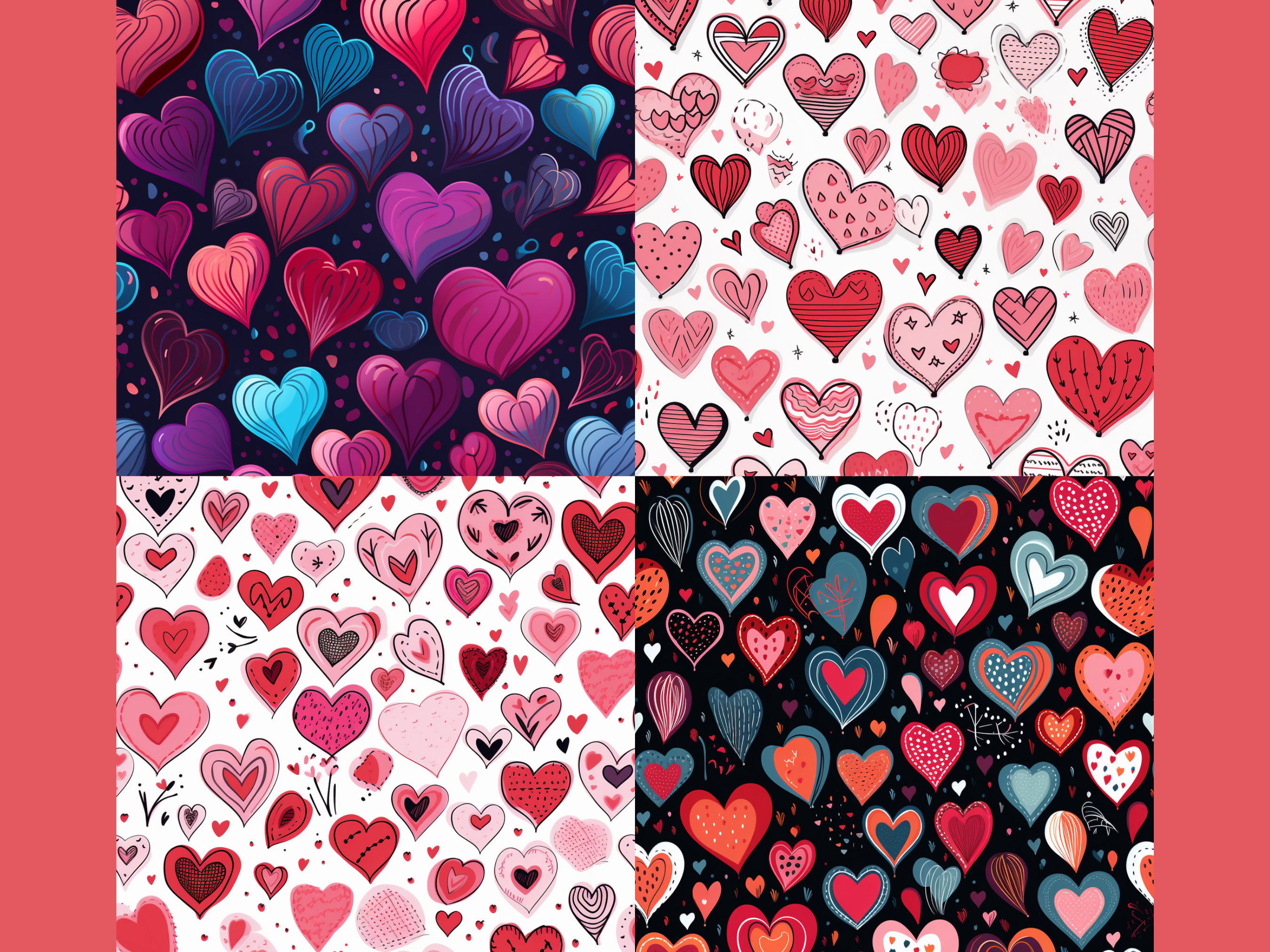 VALENTINE'S DOODLE HEARTS Red Pink Digital Papers Seamless Pattern ...