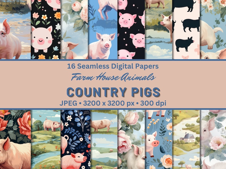 COUNTRY PIGS Farm House Animals Digital Papers Seamless Digital Pattern ...