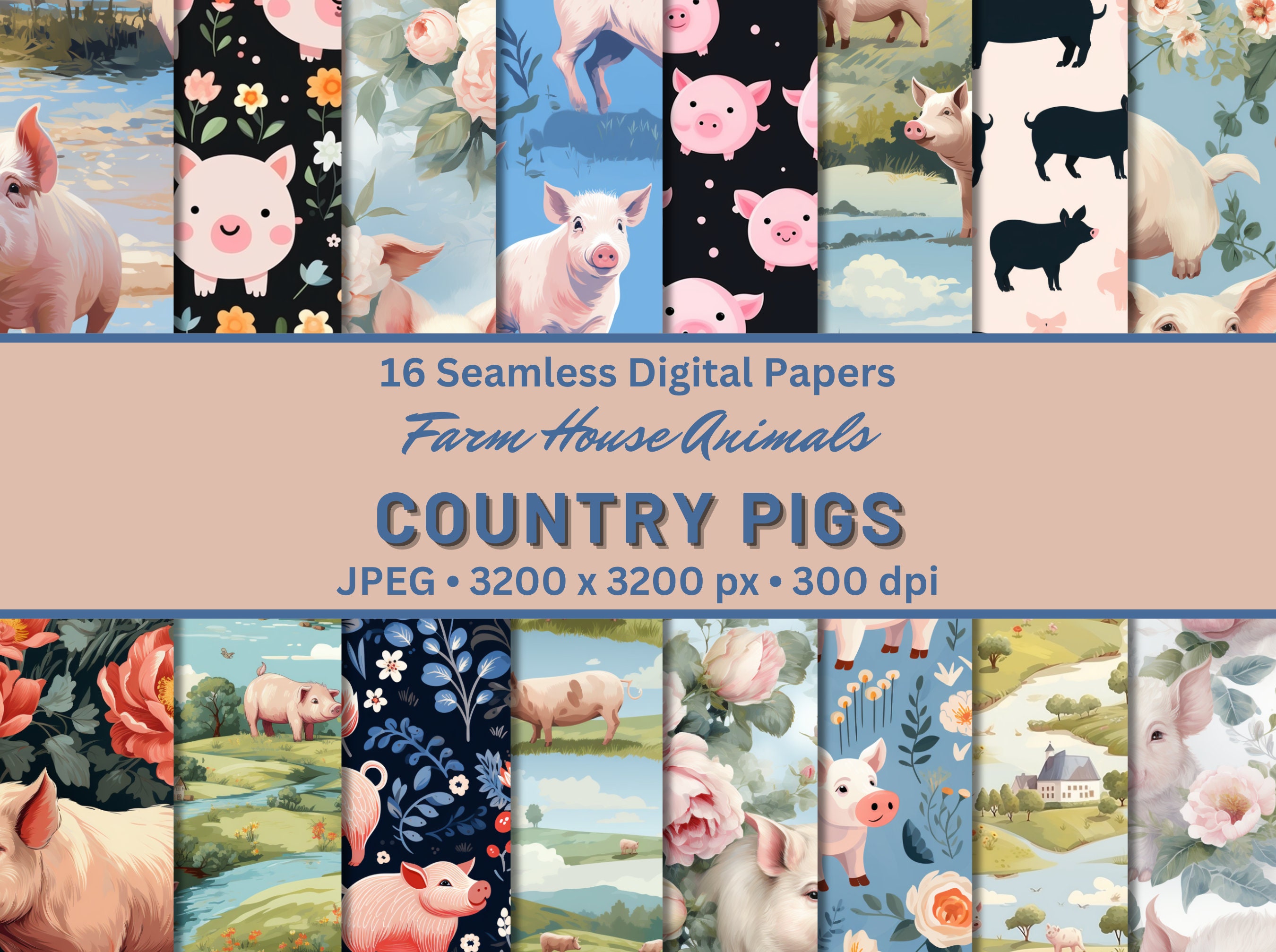COUNTRY PIGS Farm House Animals Digital Papers Seamless Digital Pattern ...