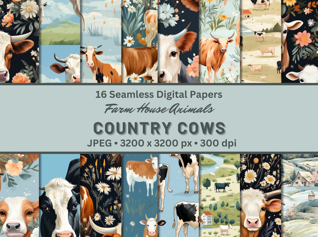 COUNTRY COWS Farm House Animals Digital Papers Seamless Digital Pattern ...