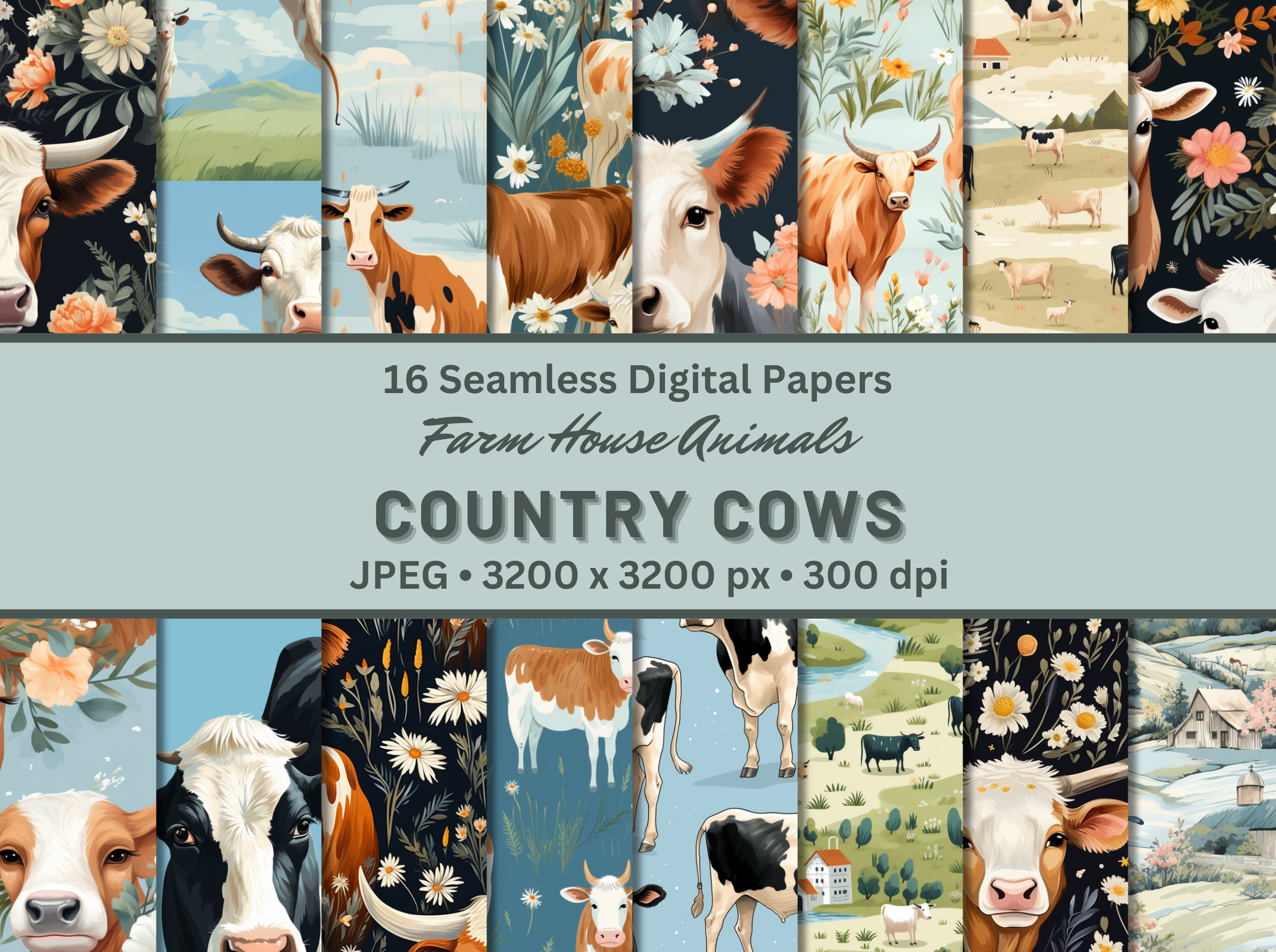 COUNTRY COWS Farm House Animals Digital Papers Seamless Digital Pattern ...