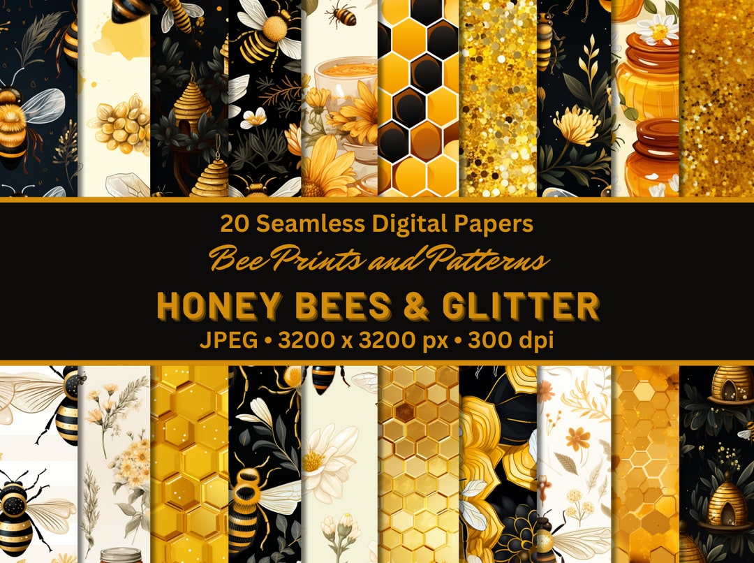HONEY BEES and GLITTER Bee Patterns Digital Papers Seamless Digital ...