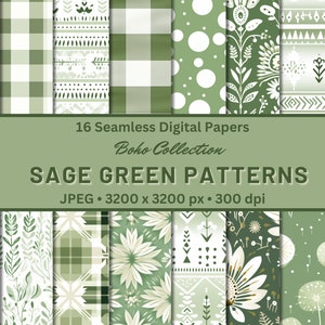 SAGE GREEN PATTERNS Boho Collection Digital Papers Seamless Digital ...