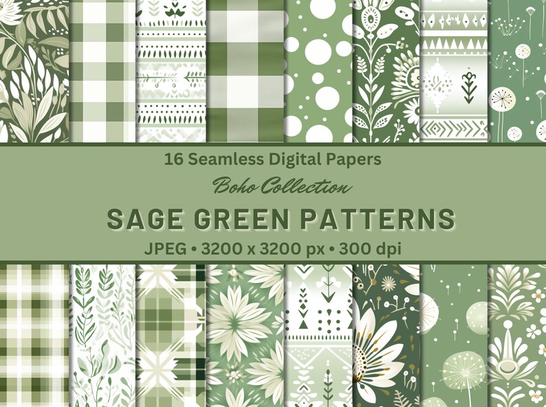 SAGE GREEN PATTERNS Boho Collection Digital Papers Seamless Digital ...