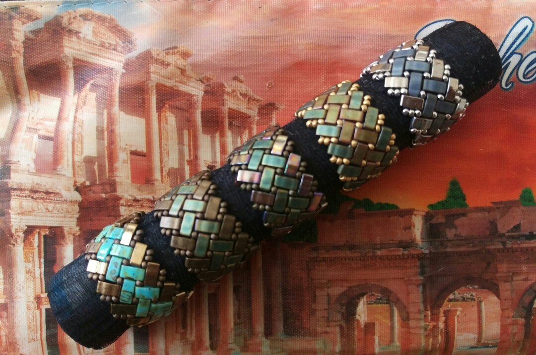 Half Tila Beaded Ring: Green & Black Beadwork Band - Etsy