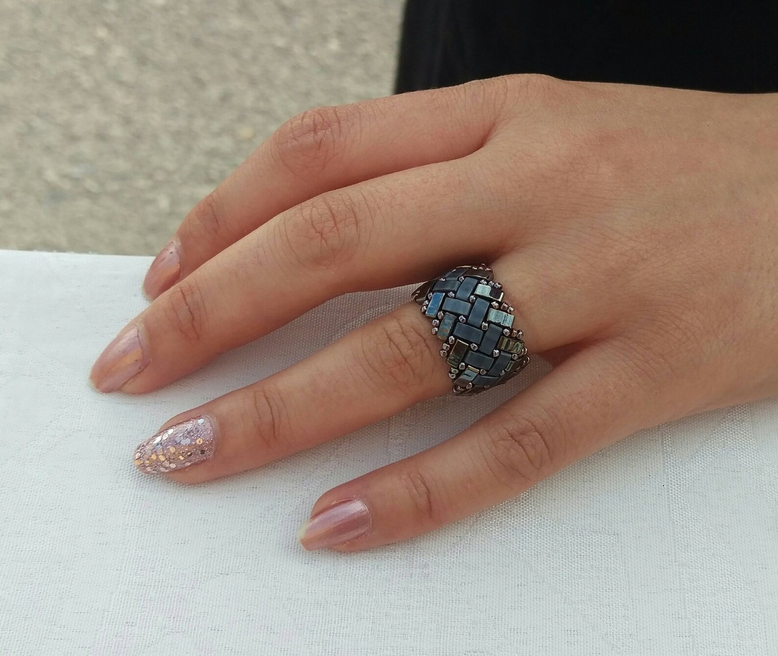 Half Tila Beaded Ring: Green & Black Beadwork Band - Etsy