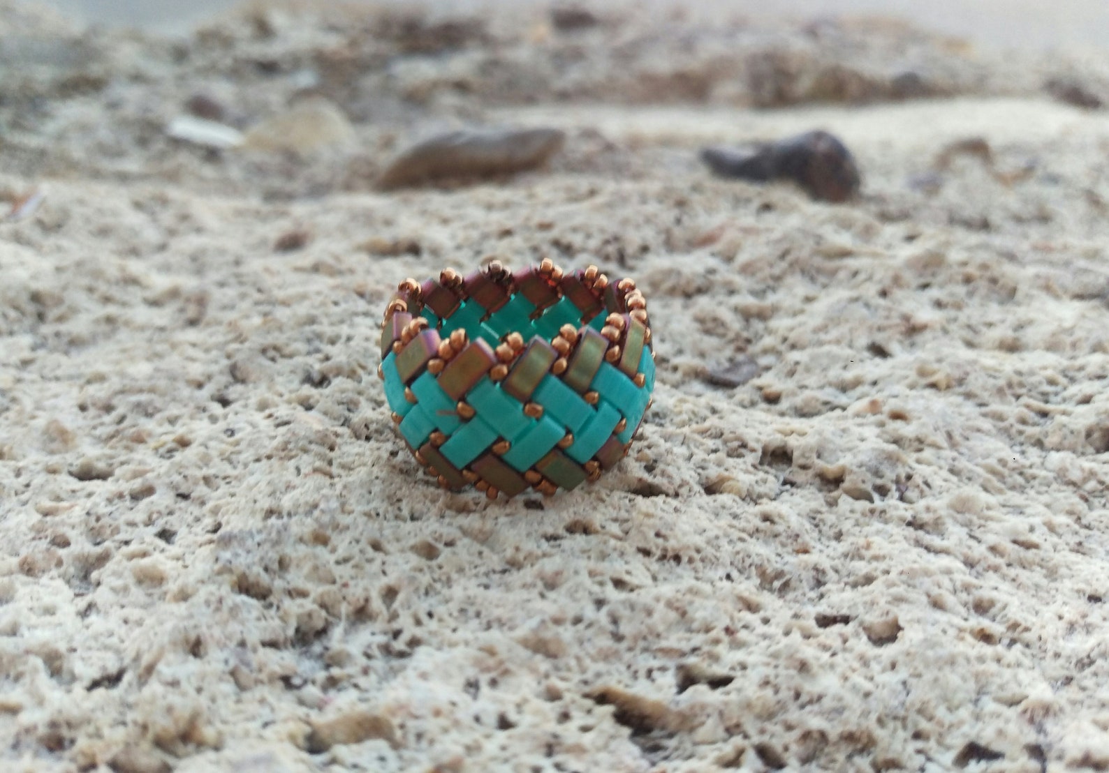 Half Tila Beaded Ring: Green & Black Beadwork Band - Etsy