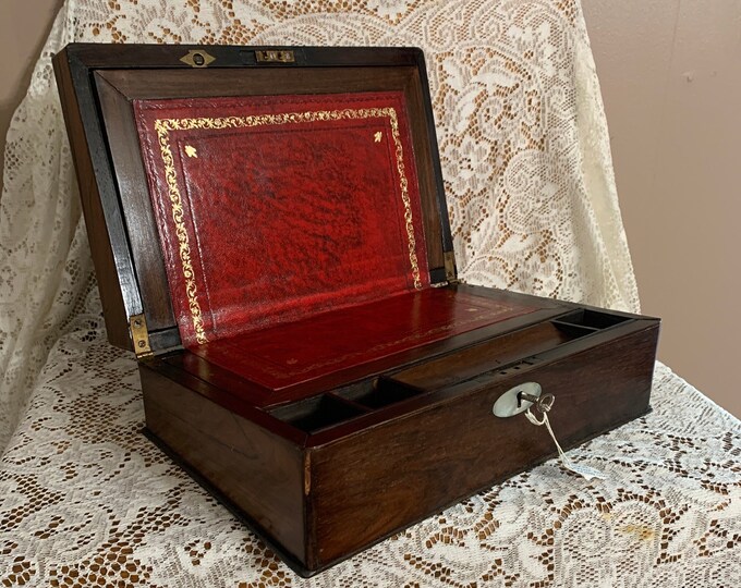 Antique Wooden Writing Desk With Key, Victorian Inlaid Wood, Red ...