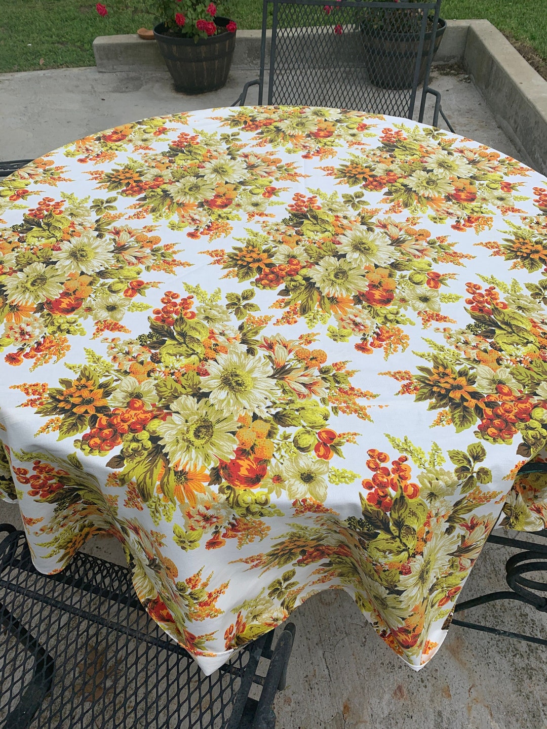 Vintage Round Printed Cotton Tablecloth, Florals & Fruit, Handmade ...