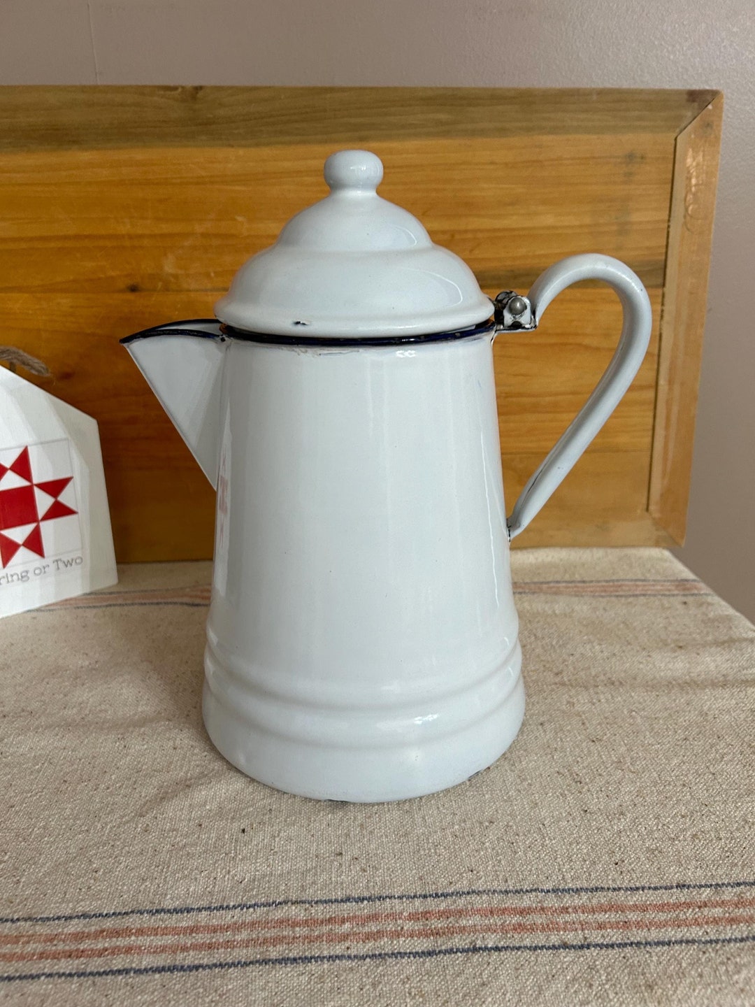 Vintage Large White Enamelware Cowboy Coffee Pot W Black Trim, Chippy ...