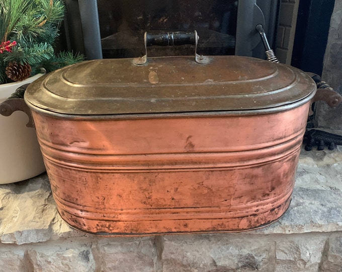 Antique Copper Boiler W Tin Lid, Firewood Kindling Wood Holder, Vintage ...