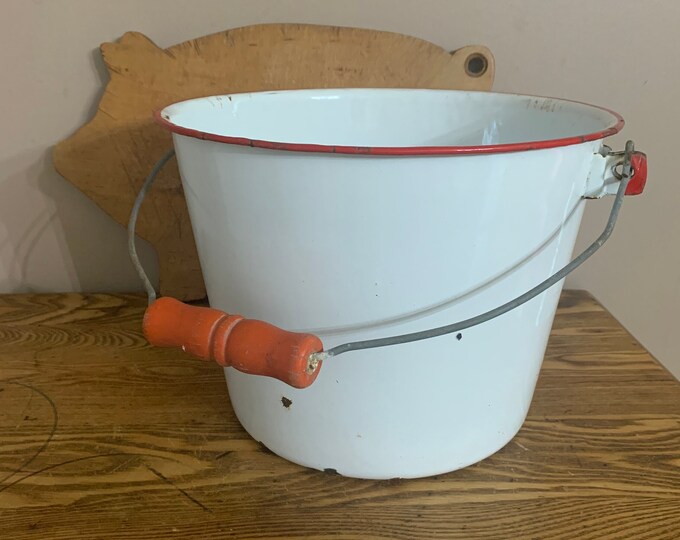 Vintage Chippy White Enamelware Bucket W Red Trim, FOR DISPLAY Rustic ...
