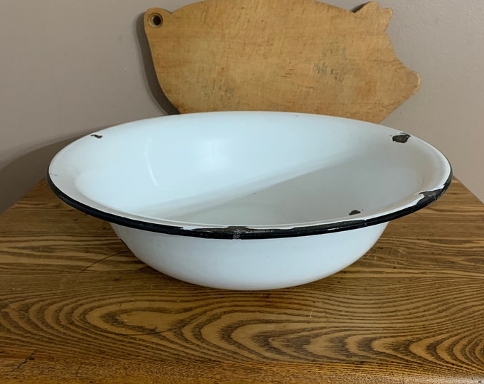 Vintage Chippy White Enamelware Basin W Black Trim, 14.5 Inch Diameter ...