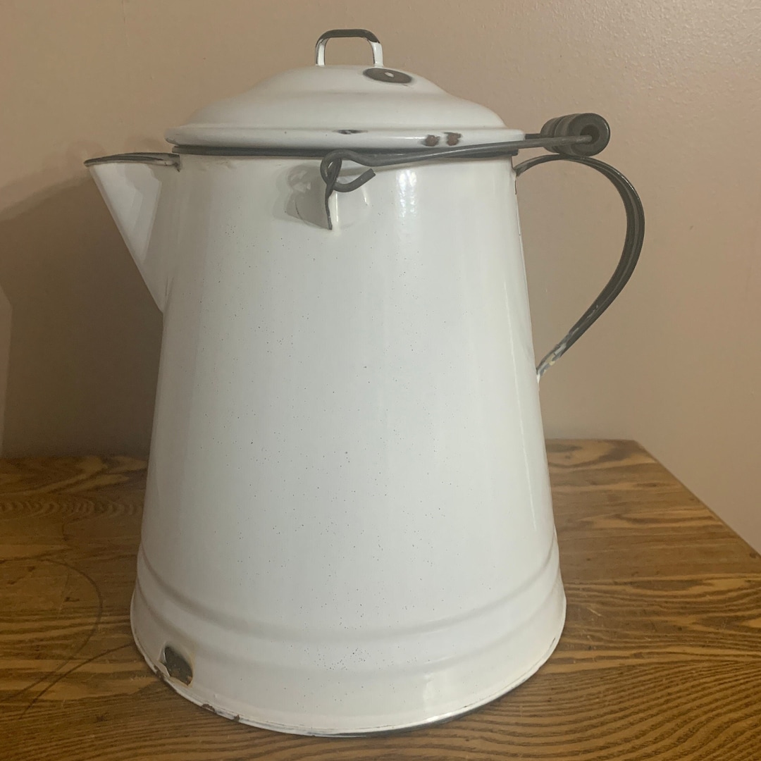 Vintage LARGE White Enamelware Cowboy Coffee Pot W Black Trim, Chippy ...
