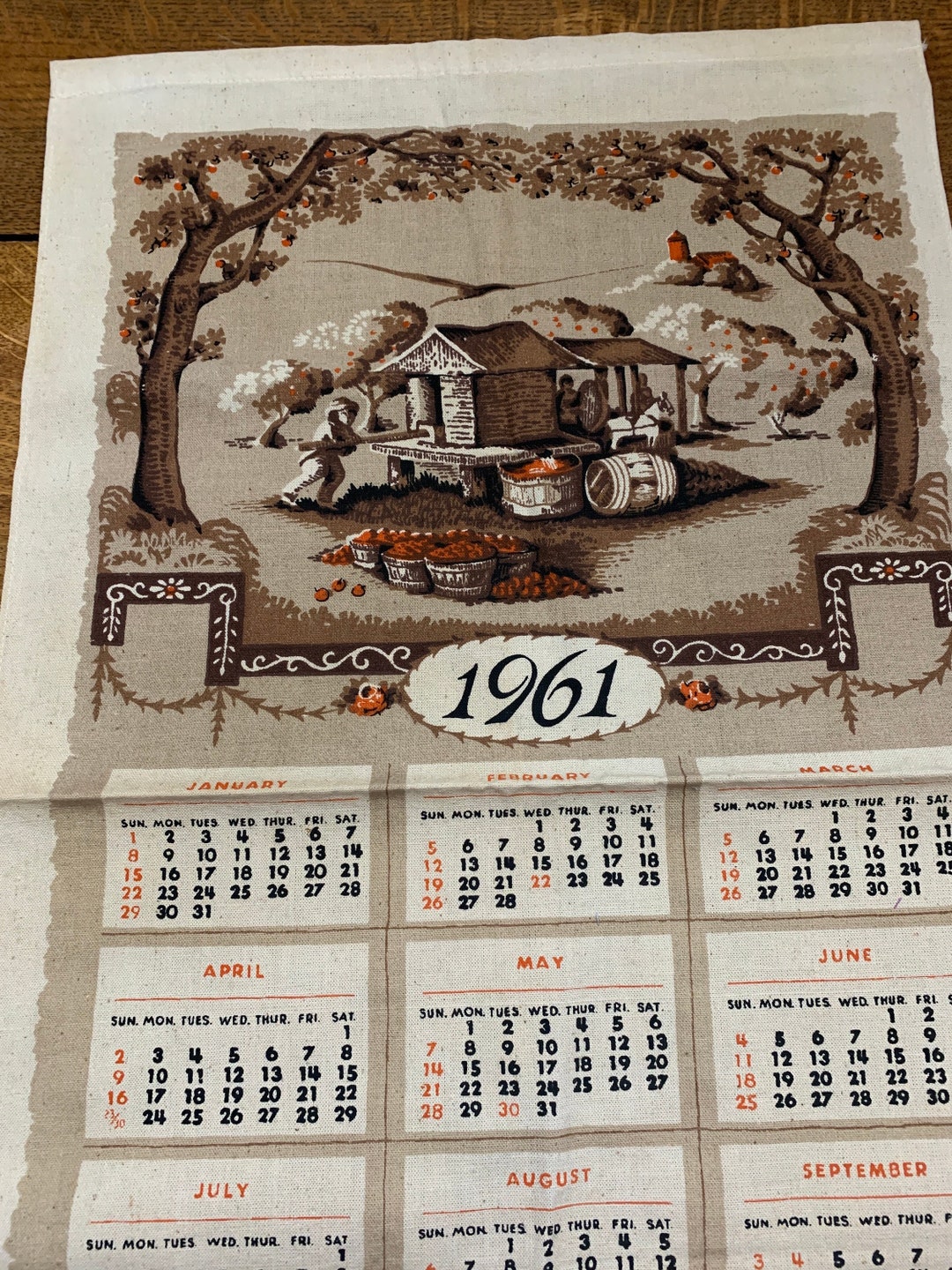 Vintage 1961 Calendar Towel, Unused Crisp Linen, Apple Cider Press ...