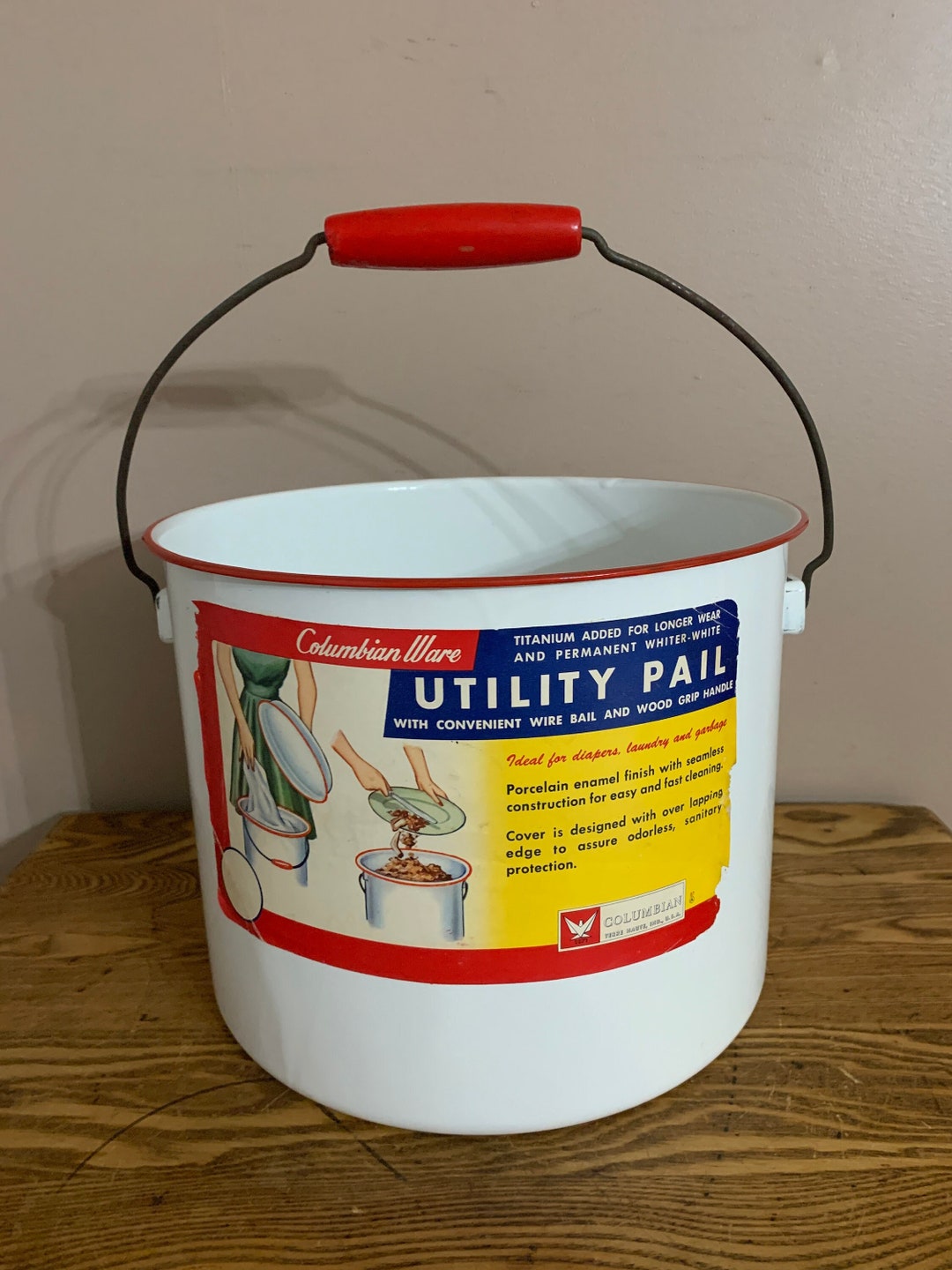 Vintage Large White Enamelware Utility Pail Red Trim W Columbian Paper ...