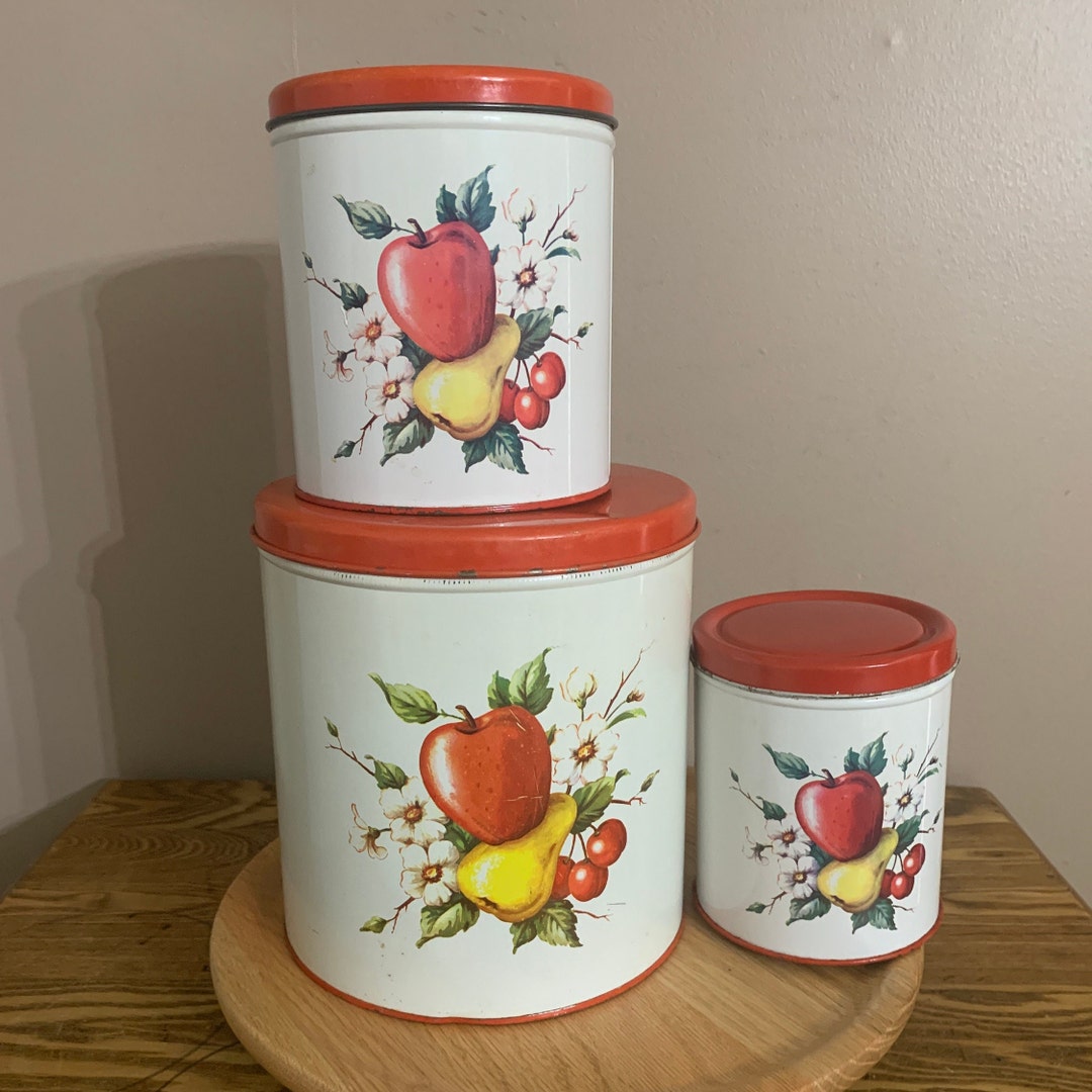 THREE 1950's Apple Fruit Metal Kitchen Canisters, Vintage Decoware Tin ...