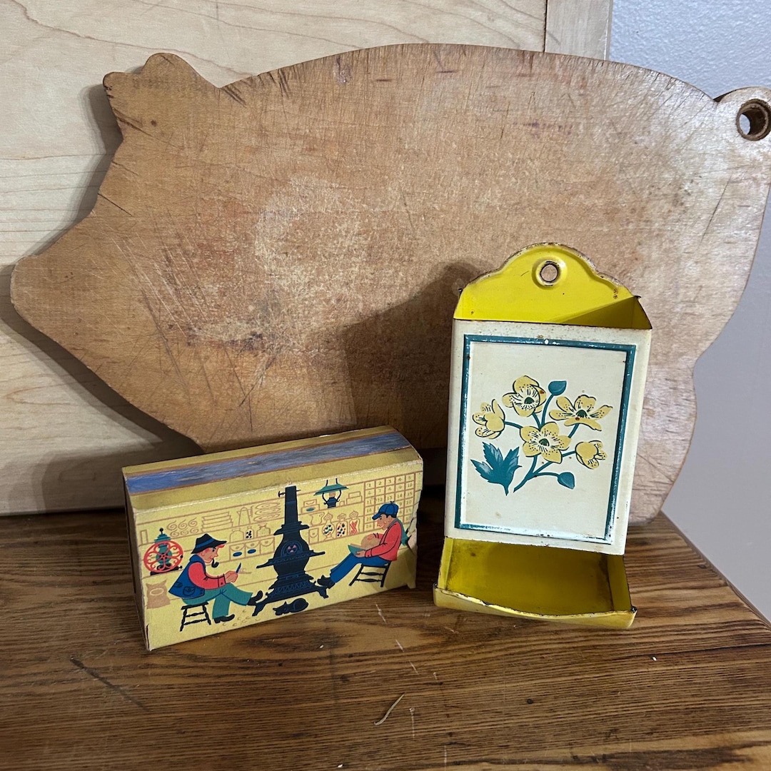 Vintage Tin Match Holder Match Box, Yellow Creamy White Floral Wall ...