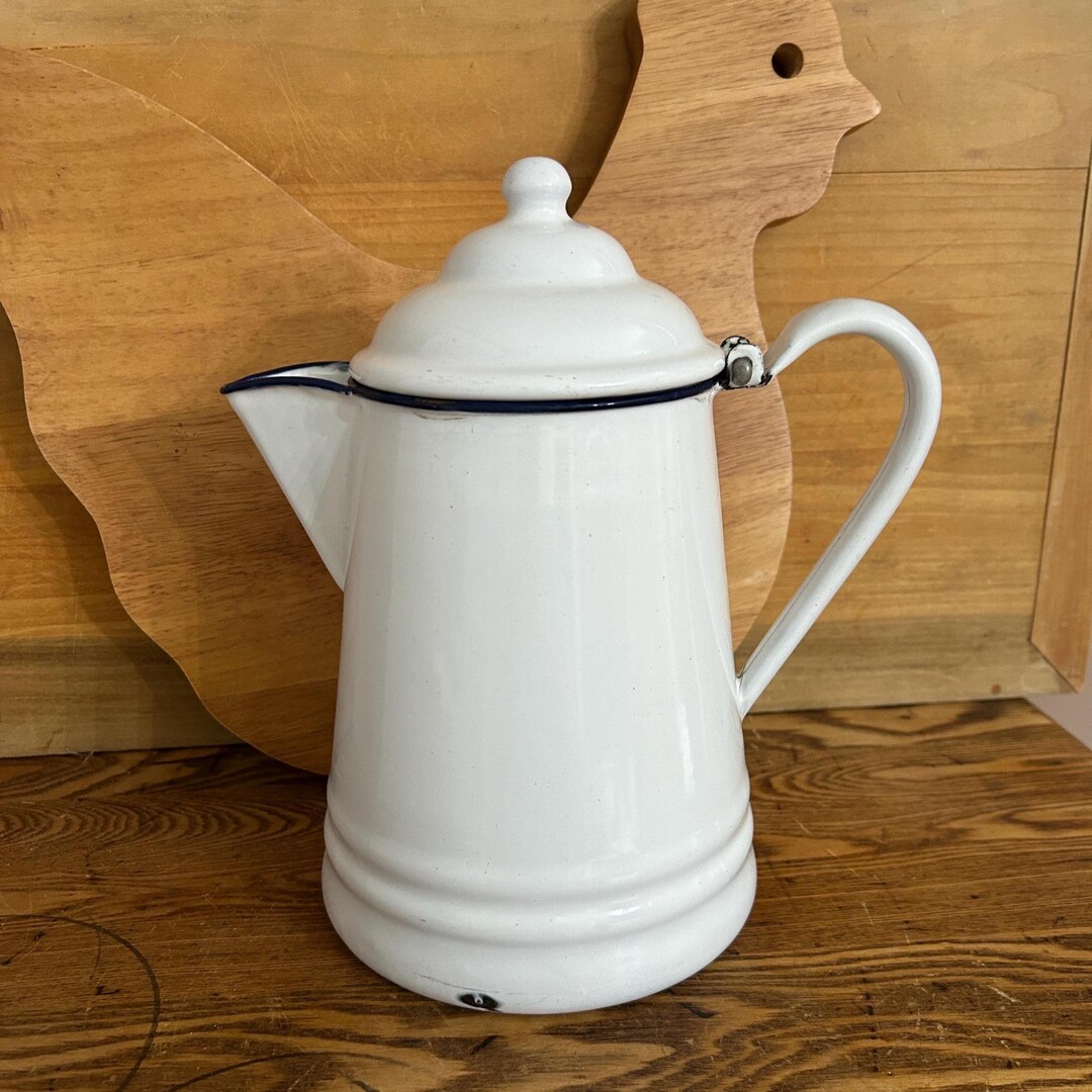 Vintage White Enamelware Cowboy Coffee Pot W Blue Trim, Chippy Rustic ...