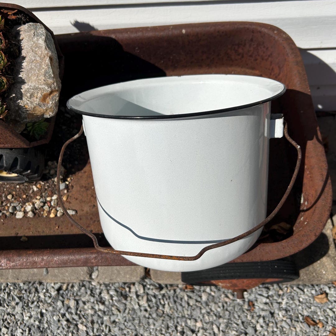Vintage White Enamelware Chamber Pot W Black Trim, Rustic Farmhouse ...