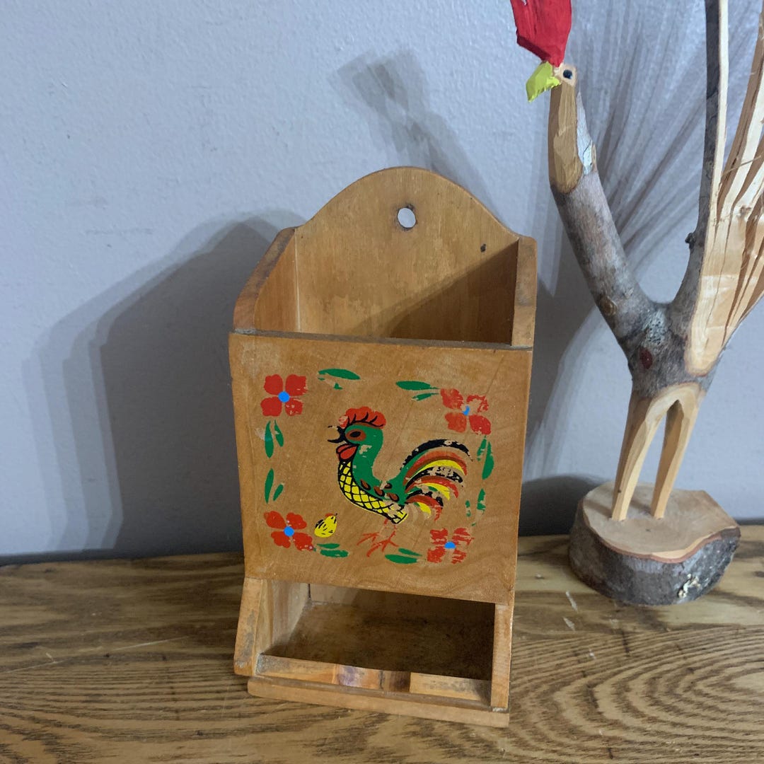 Vintage Wooden Rooster Match Box Holder, Red Green Yellow, Wood Cottage ...