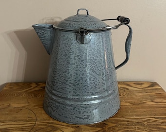 Vintage Large Gray Agate Enamelware Coffee Pot W Lid, Rustic Enamel ...