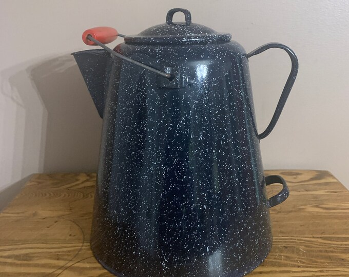 Vintage Large Enamelware Cowboy Coffee Pot, Dark Blue W Red Wooden ...