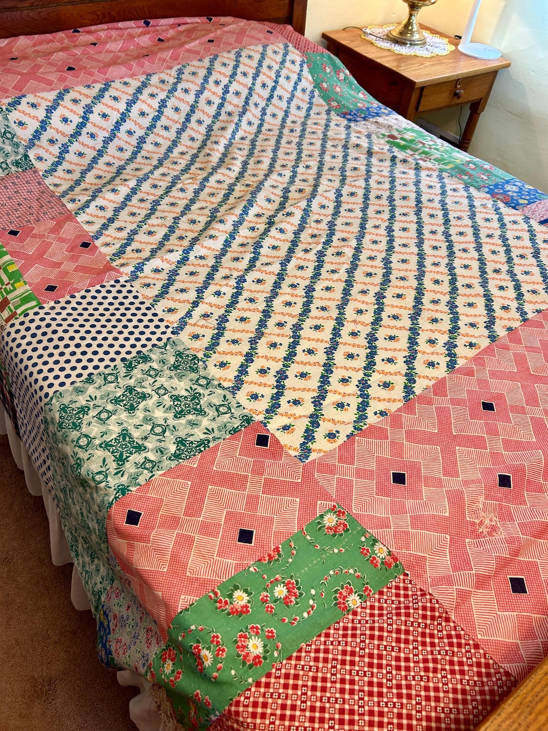 Vintage Feed Sack Quilt Top: Handmade 1940s Floral Cotton Patchwork ...