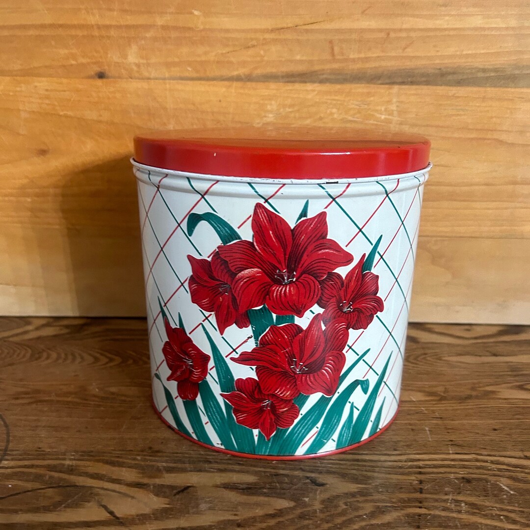 1950's Kitchen Canister, Vintage NC Colorware Tin Red Amaryllis Flowers ...