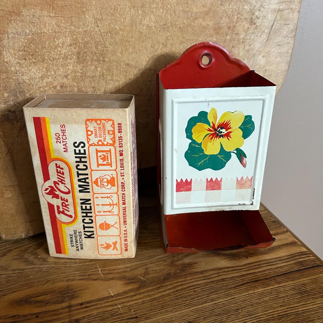 Vintage Tin Match Holder Match Box, Red White Yellow Nasturtium Wall ...