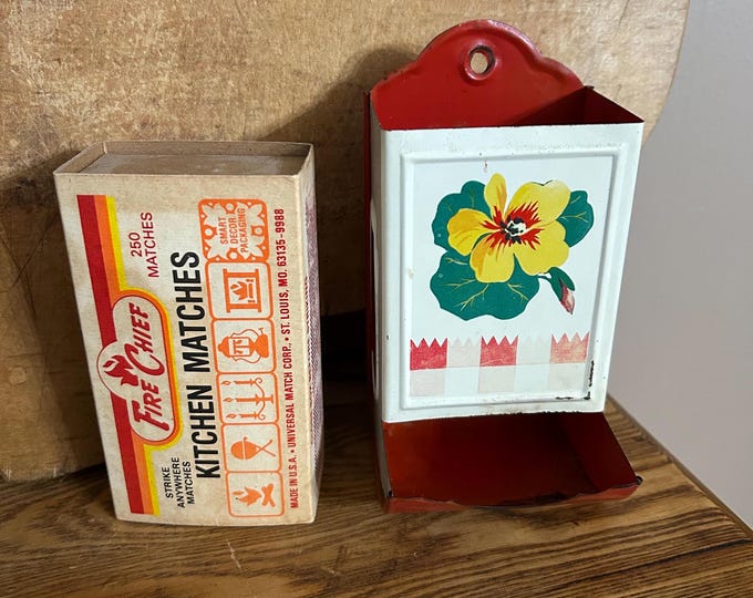 Vintage Tin Match Holder Match Box, Yellow Creamy White Floral Wall ...
