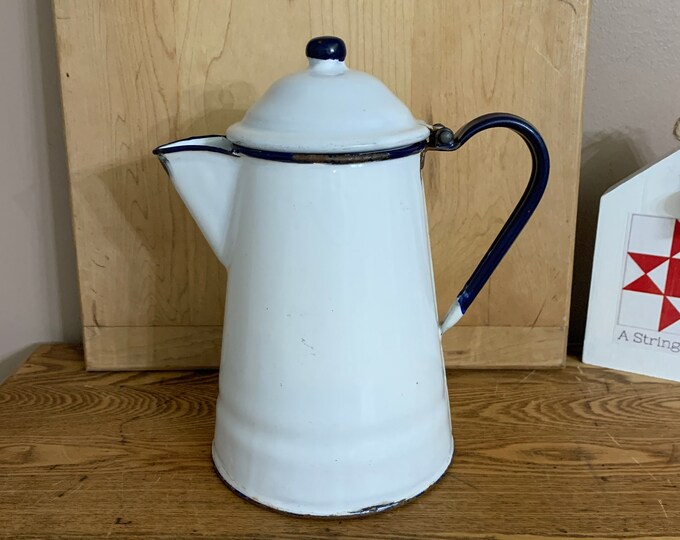 Vintage White Enamelware Coffee Pot With Blue Trim, Chippy Rustic Aged ... Vintage White Enamelware Coffee Pot With Blue Trim, Chippy Rustic Aged ...