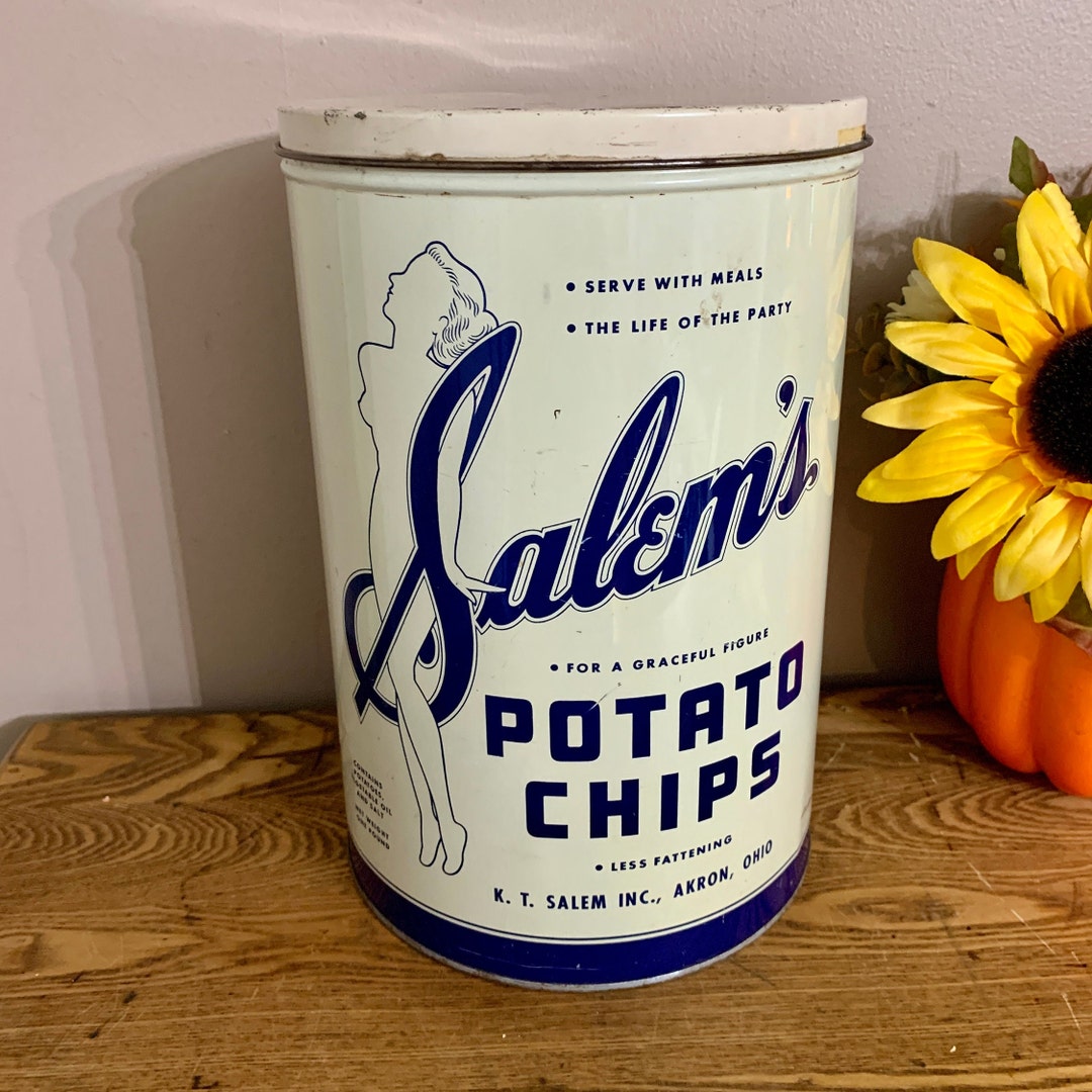 Vintage Salem's Potato Chip Tin, White Blue Advertising Can, K. T ...