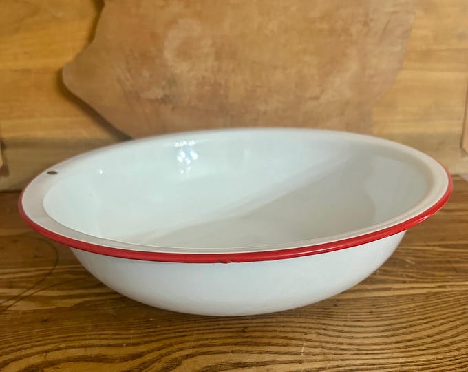 White & Red Enamelware Wash Basin 12 Inch Diameter, Vintage Enamel Pan ...
