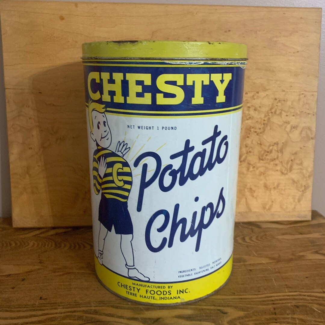 CHESTY Potato Chip Tin Canister, Vintage Printed Yellow Blue White Advertising Can, Modern Plant ...