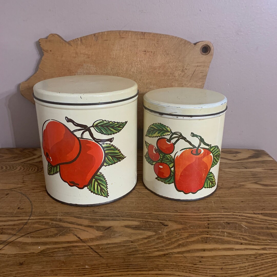 2 Pc Apple Metal Kitchen Canisters, Two Vintage 1960s Red & Cream ...