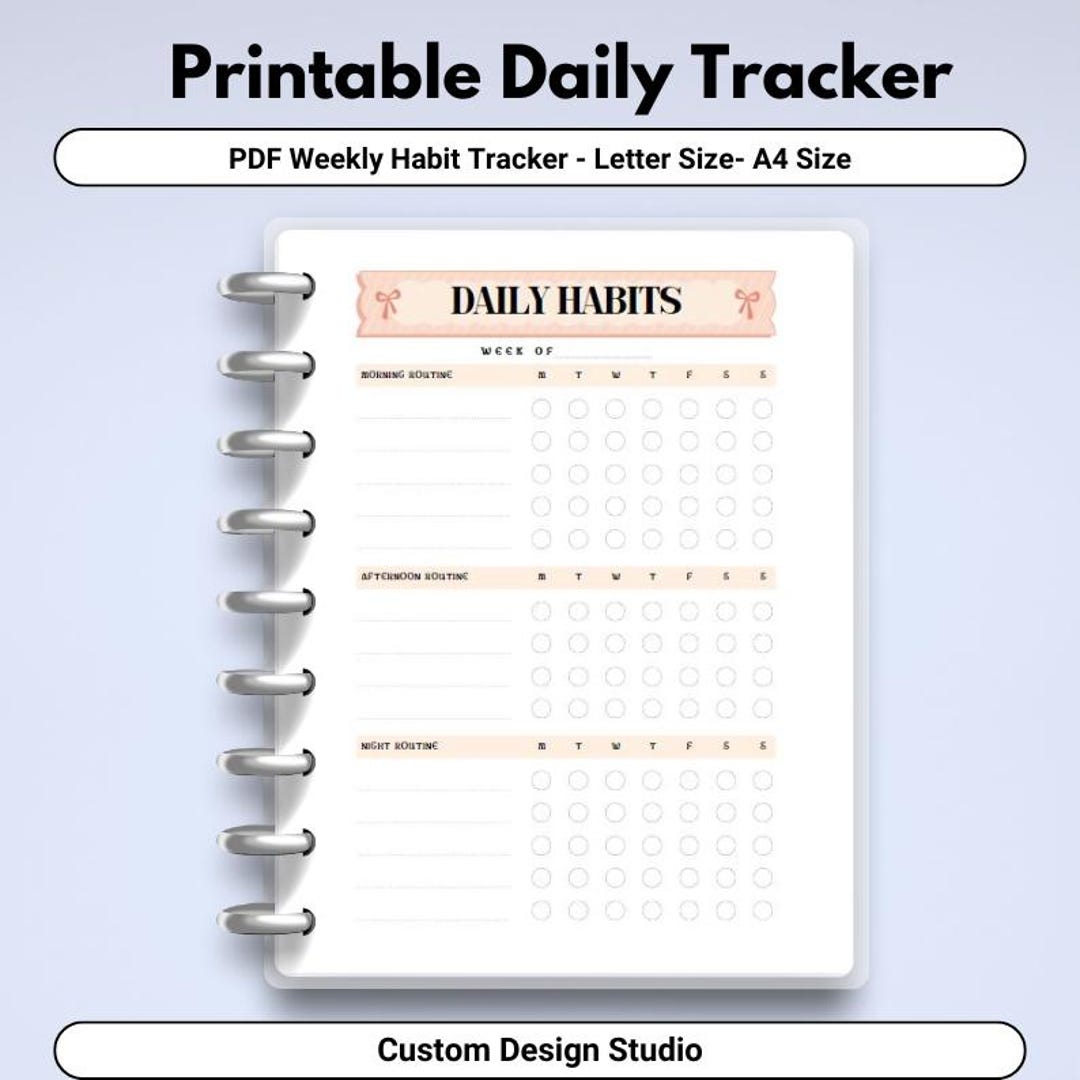 Daily Routine Habit Tracker Printable, Peach Bow Theme, Task Tracker ...