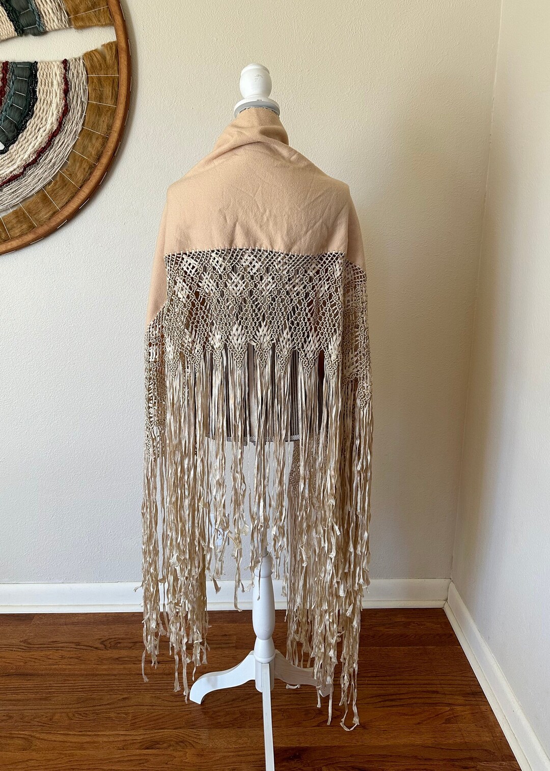 Vintage 70s Shawl Wool Crepe Macrame Ribbon Fringe Cream Color Shawl - Etsy