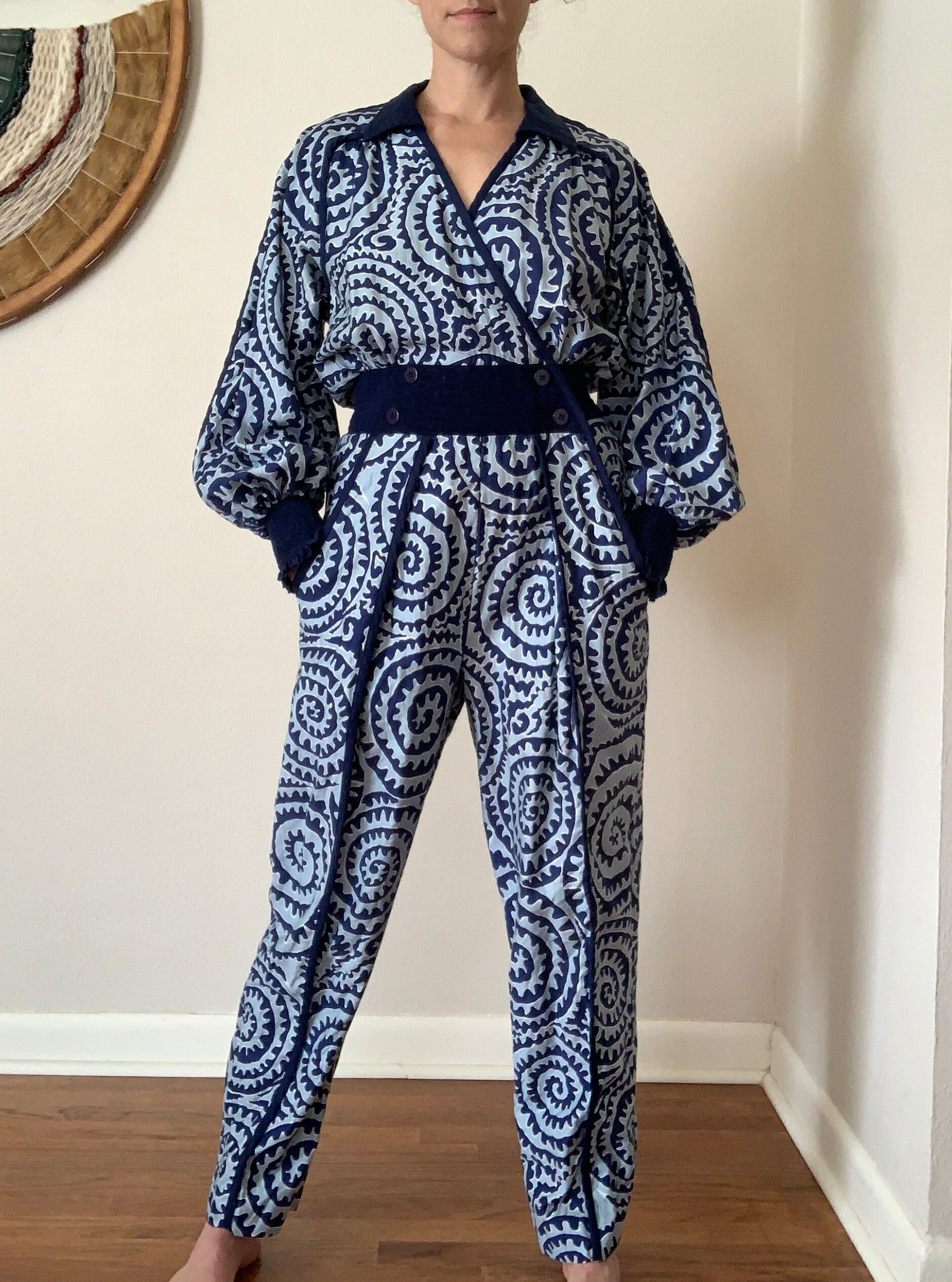 Vintage 80s Jeanne Marc Mandala Cotton Jumpsuit Balloon Sleeves Woman's ...