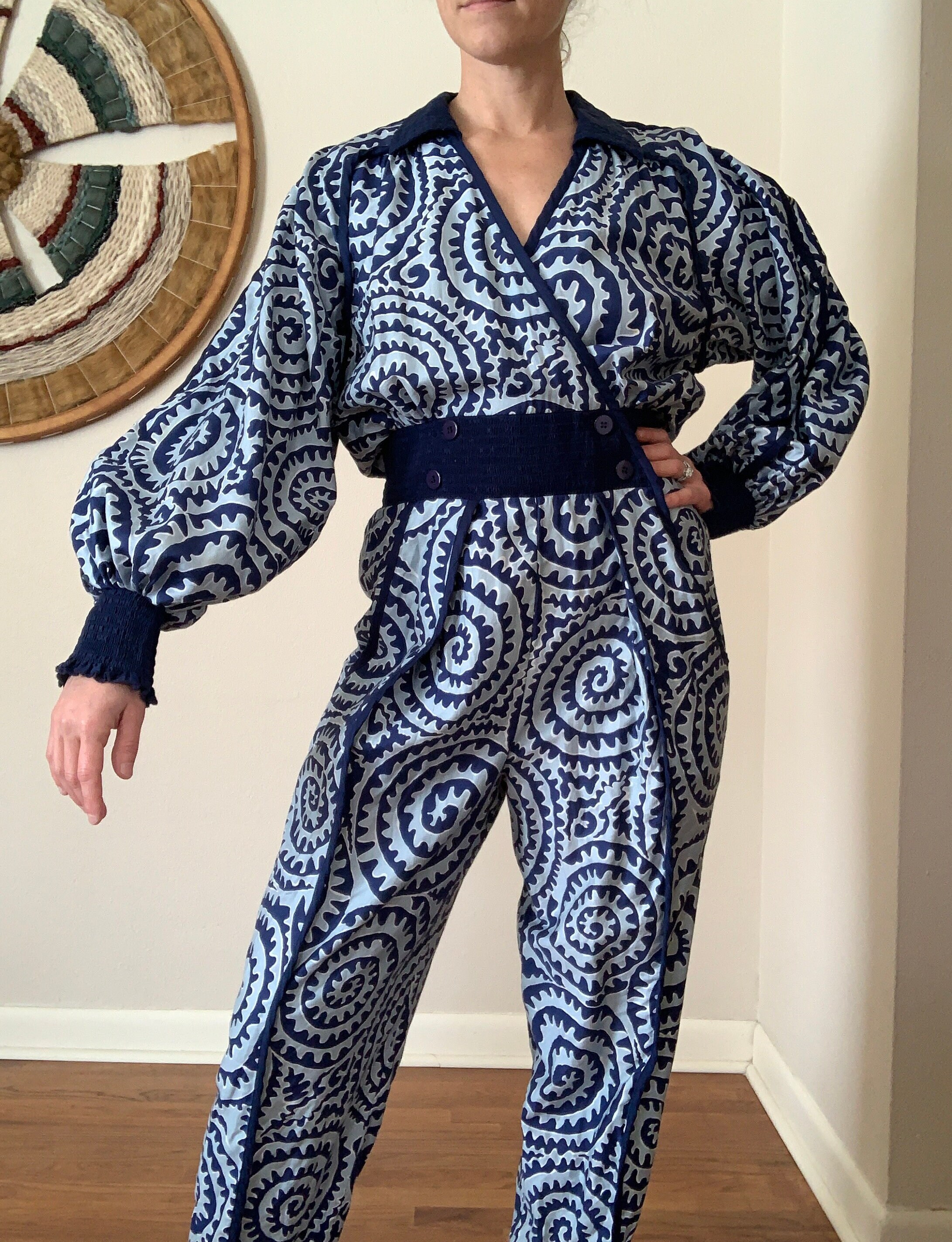 Vintage 80s Jeanne Marc Mandala Cotton Jumpsuit Balloon Sleeves Woman's ...