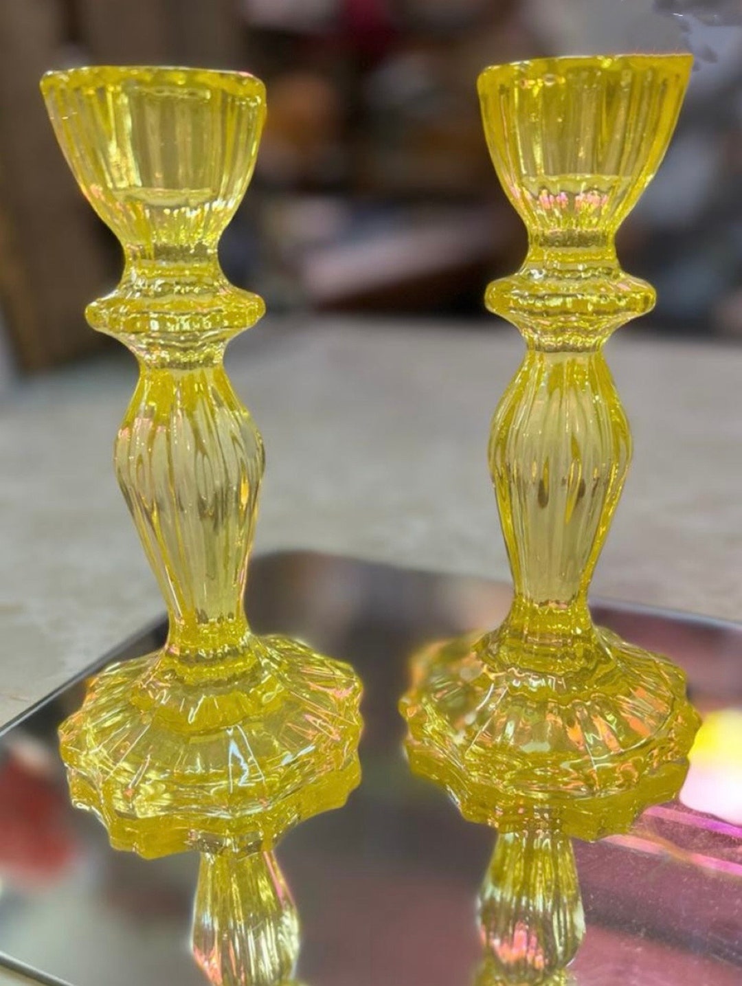 Beautiful Yellow Coloured Glass Candlestick - Etsy
