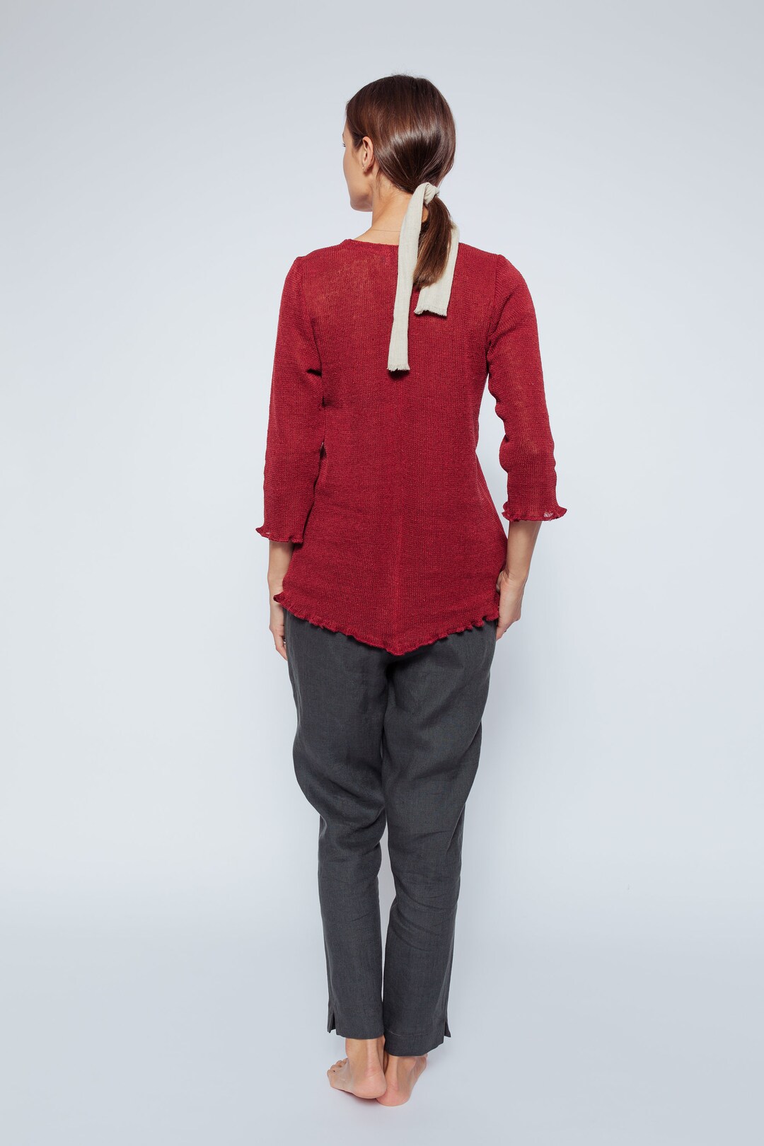 Long Knitted 100% Linen Top, Pure Linen Blouse, Lightweight Pullover ...