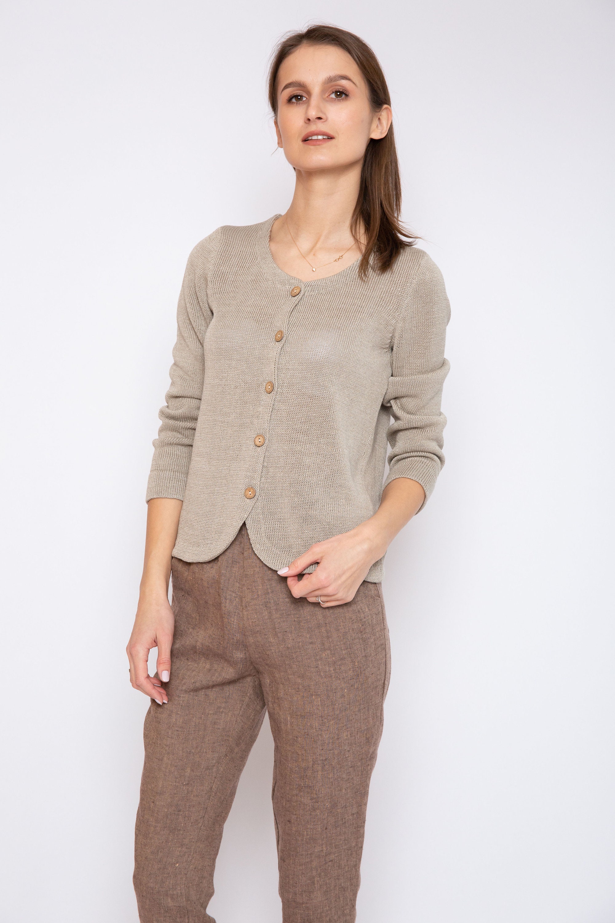 Natural 100 % Linen Cardigan, Long Sleeve Ring Spun Linen Sweater, Knit ...