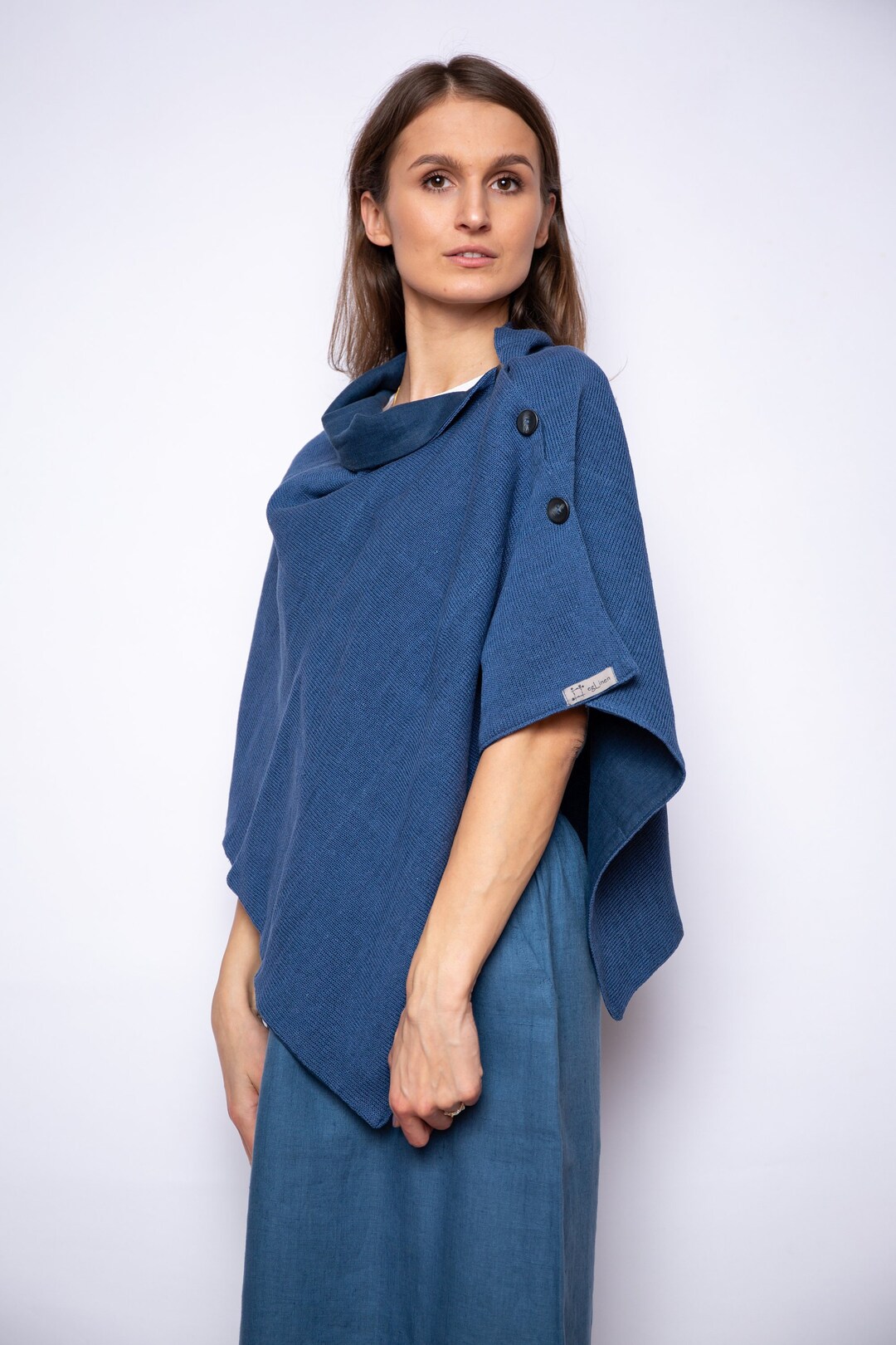 Knitted Two Side Poncho, Handmade Evening Shawl, Blue Linen Cotton ...