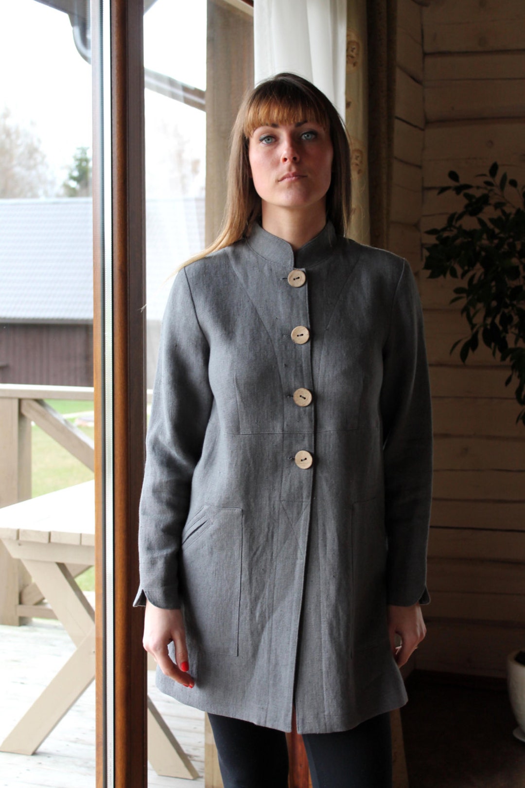 Fitted Linen Jacket, Stand up Collar Overcoat, Elegant Linen Spring ...