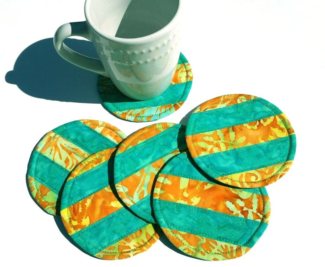 Quilted Hawaiian Batik Coasters: Tropical Fabric Round Mug Mats, Retro ...