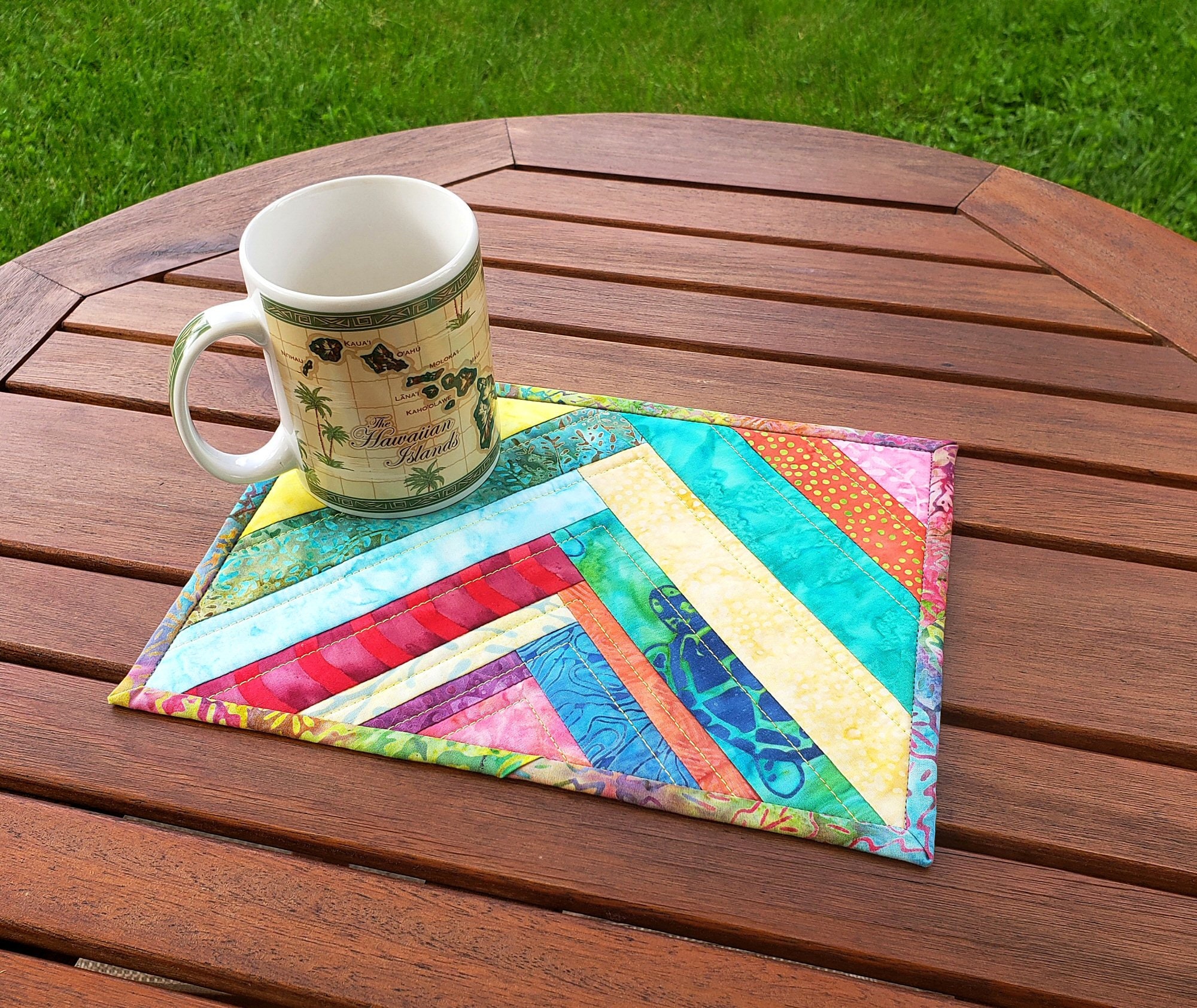 Tropical Batik Braid Mug Rug: Scrappy Quilted Patchwork Candle Mat in ...