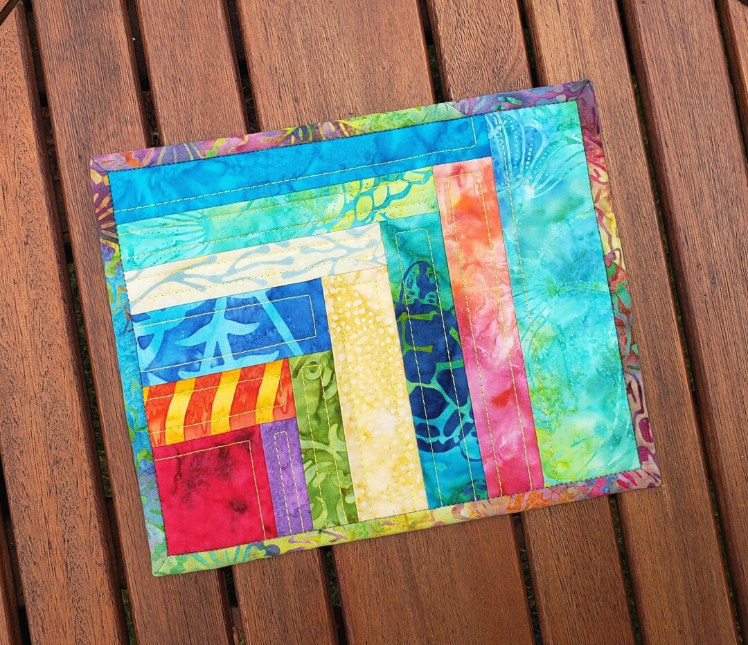 Tropical Batik Mug Rug: Scrappy Quilted Log Cabin Patchwork Candle Mat ...