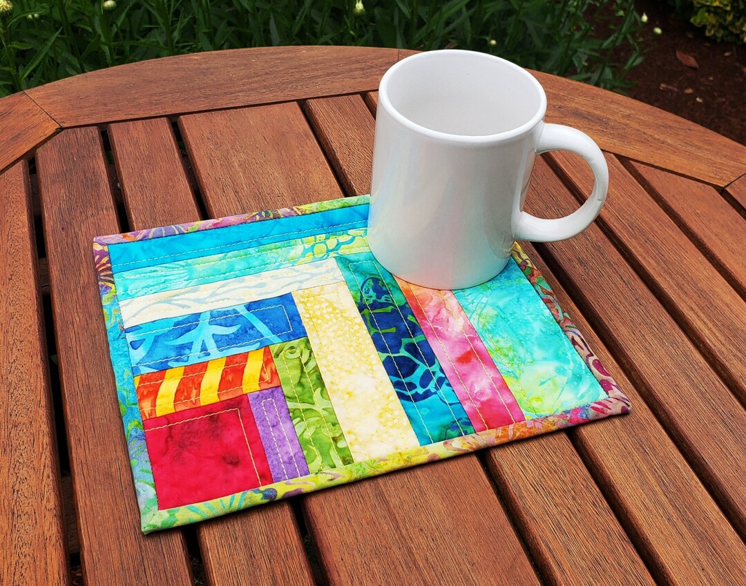 Tropical Batik Mug Rug: Scrappy Quilted Log Cabin Patchwork Candle Mat ...
