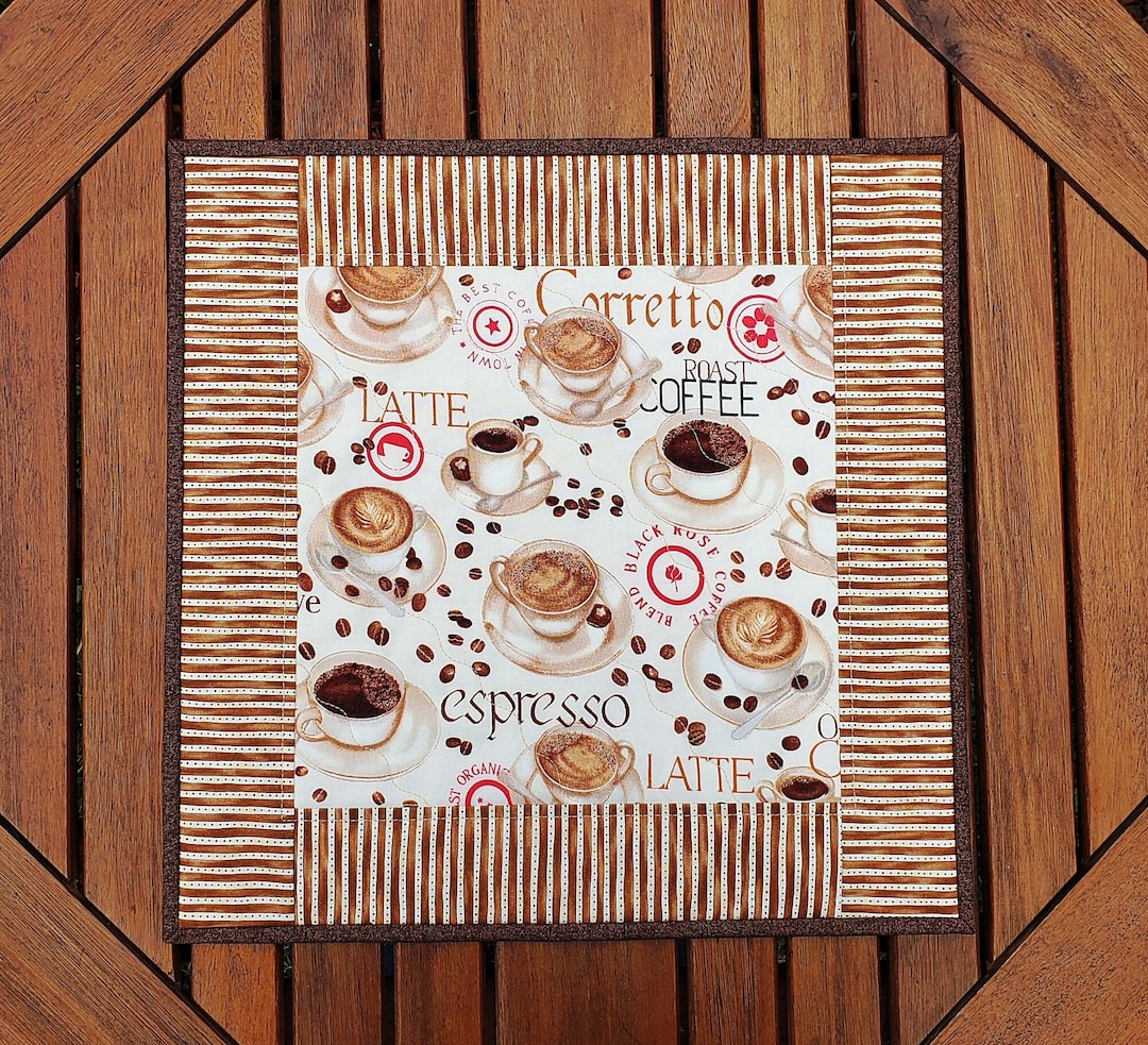 Coffee Theme Quilted Table Topper: Square Coffee Station Mat With Cups ...